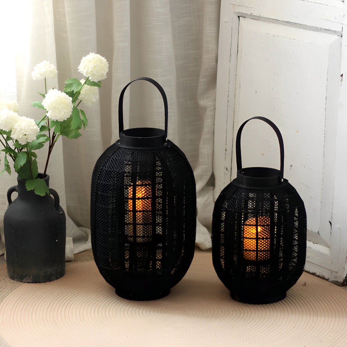 Mid Century Black Handmade Wood LED Candle Lantern Floor Lamp Decorate ...