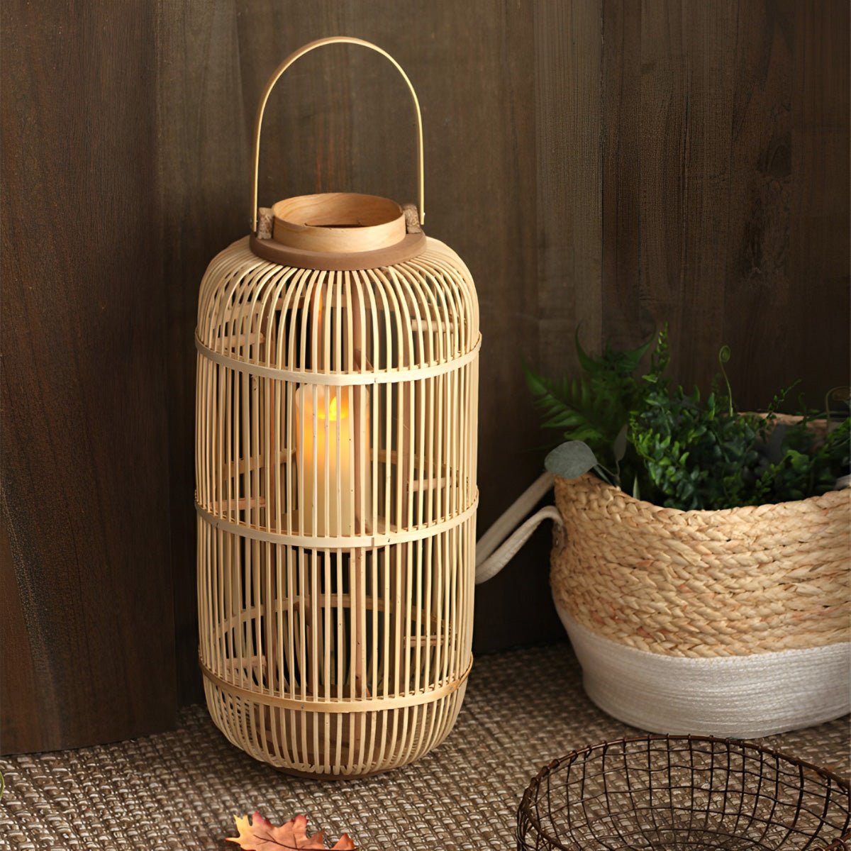 Modern Farmhouse Handmade Bamboo Weaving LED Candle Lantern Floor Lamp ...