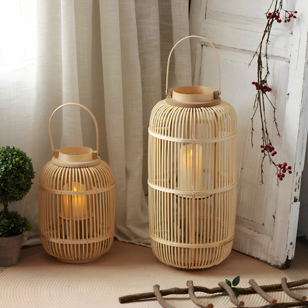 Modern Farmhouse Handmade Bamboo Weaving LED Candle Lantern Floor Lamp ...