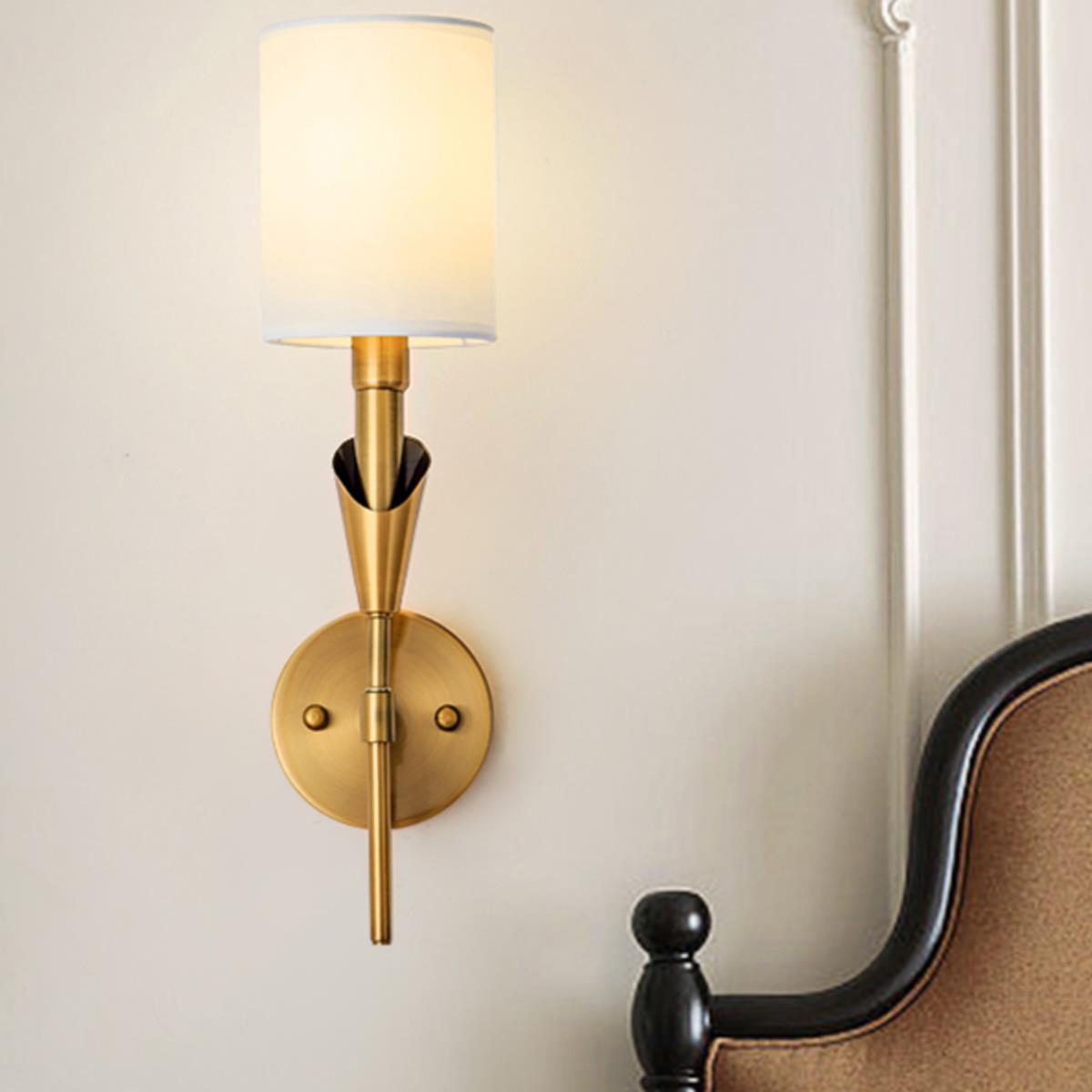 Modern Brass Indoor Wall Sconces with White Fabric Shade Wall Lamp ...