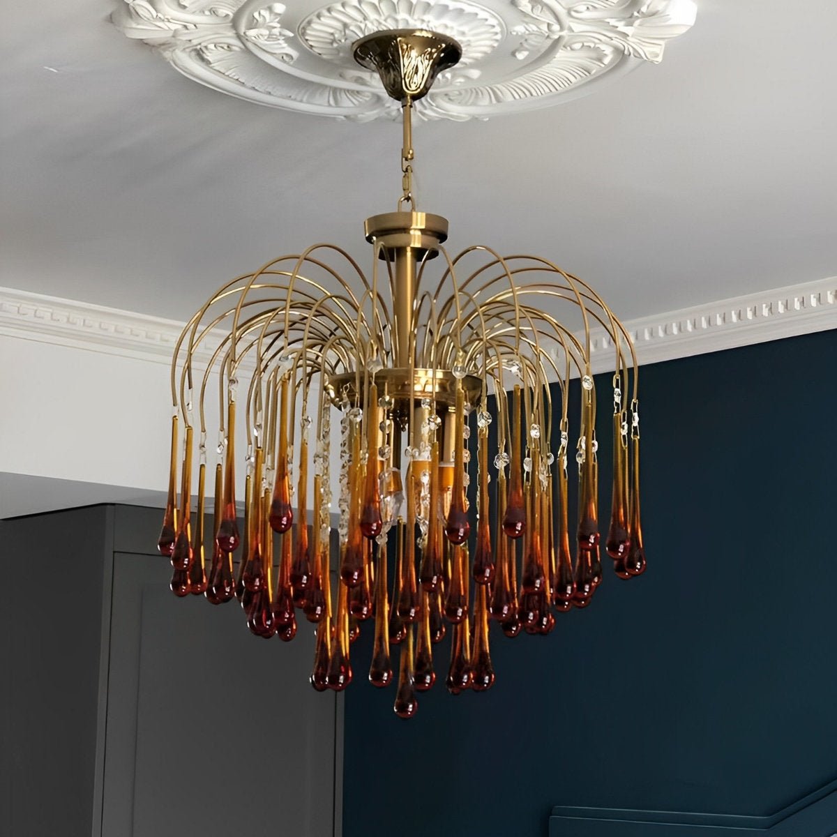 Retro Glass Raindrop Waterfall Crystal Chandelier Lamps Iron Ceiling ...