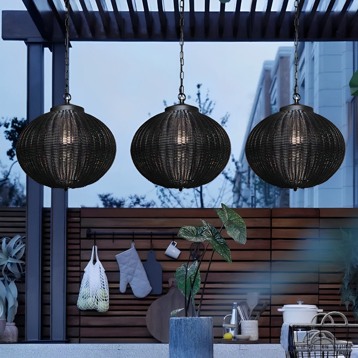 Waterproof Retro Round Oval Black Rattan Outdoor Pendant Lights Outdoor ...