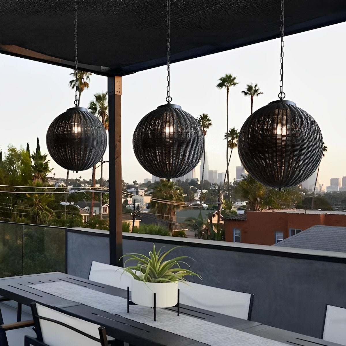 Waterproof Retro Round Oval Black Rattan Outdoor Pendant Lights Outdoor ...