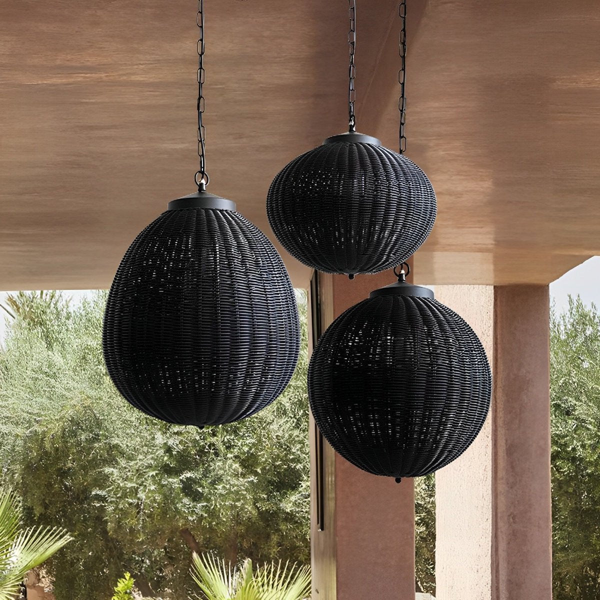 Waterproof Retro Round Oval Black Rattan Outdoor Pendant Lights Outdoor ...
