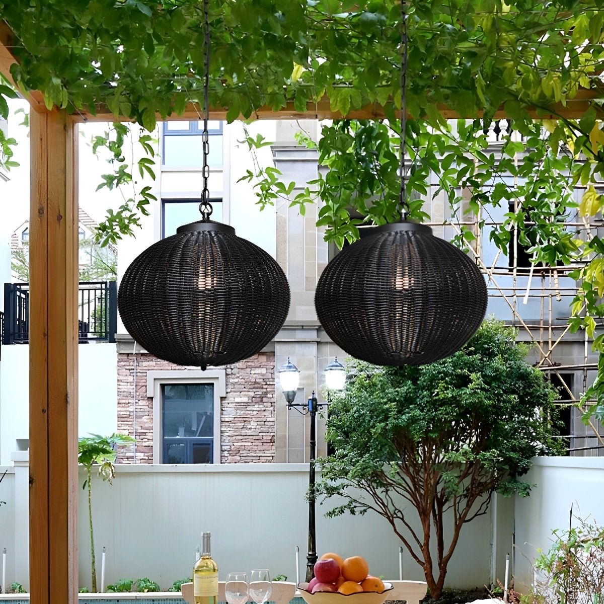 Waterproof Retro Round Oval Black Rattan Outdoor Pendant Lights Outdoor ...