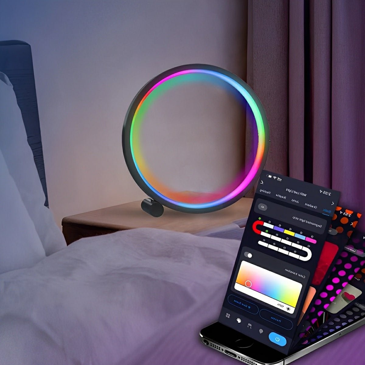 WIFI RGB Dimming Ring LED Night Light – Round Dynamic Table Lamp with ...